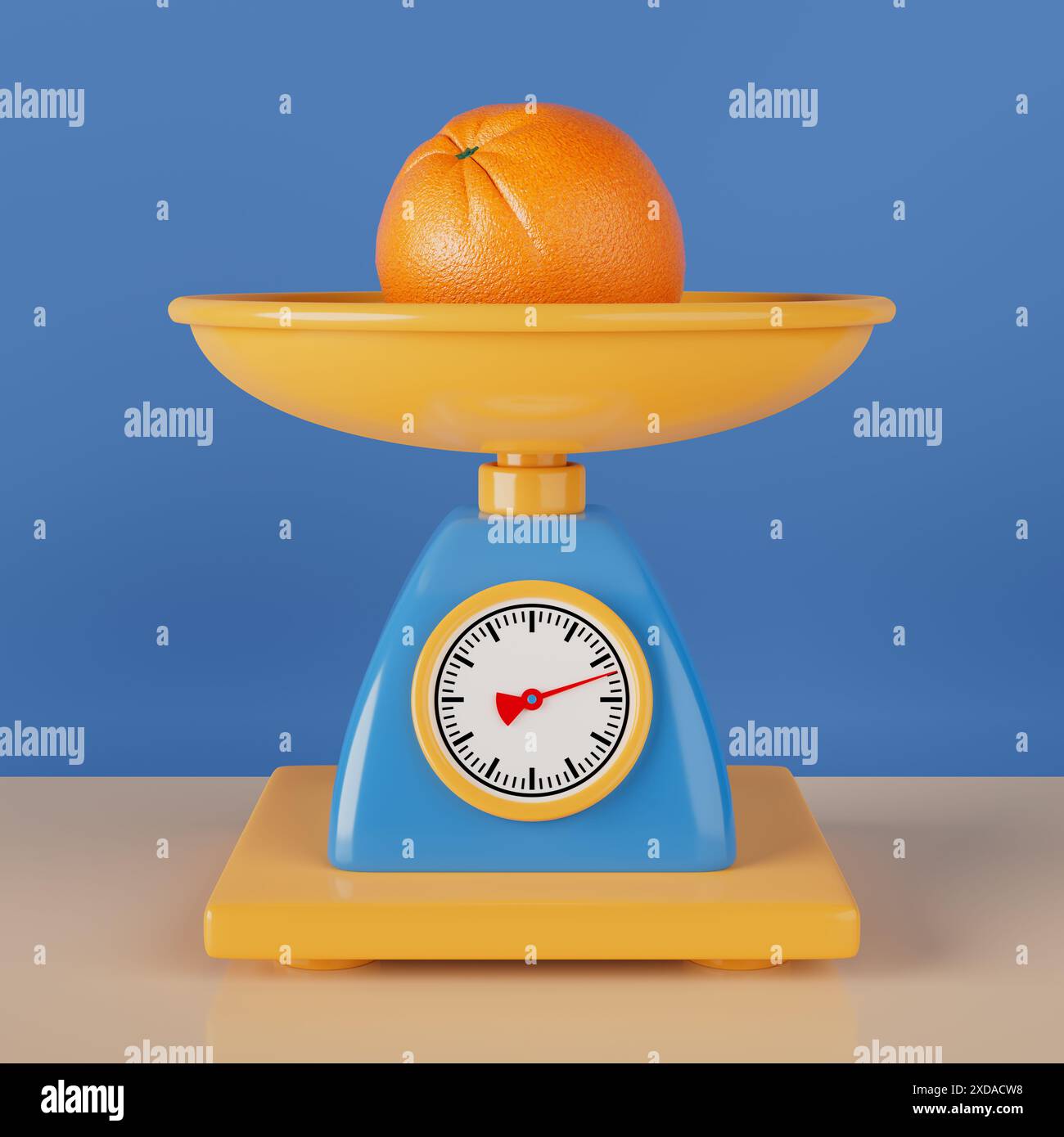 Simple Cartoon Icon Kitchen Balance Scale with Orange Fruit on a blue ...