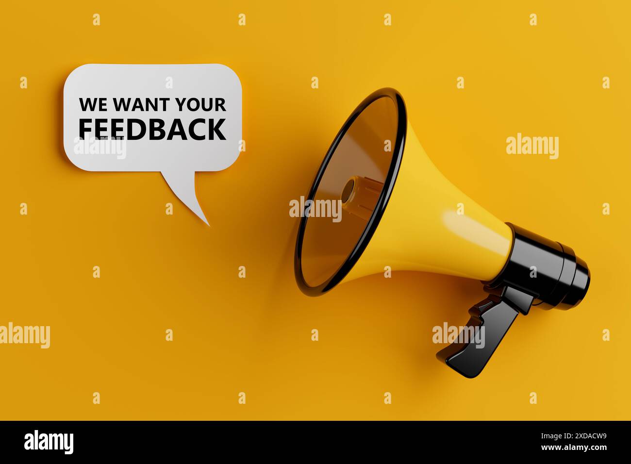 Yellow Megaphone with We Want Your Feedback Sign on a Speech Clouds ...