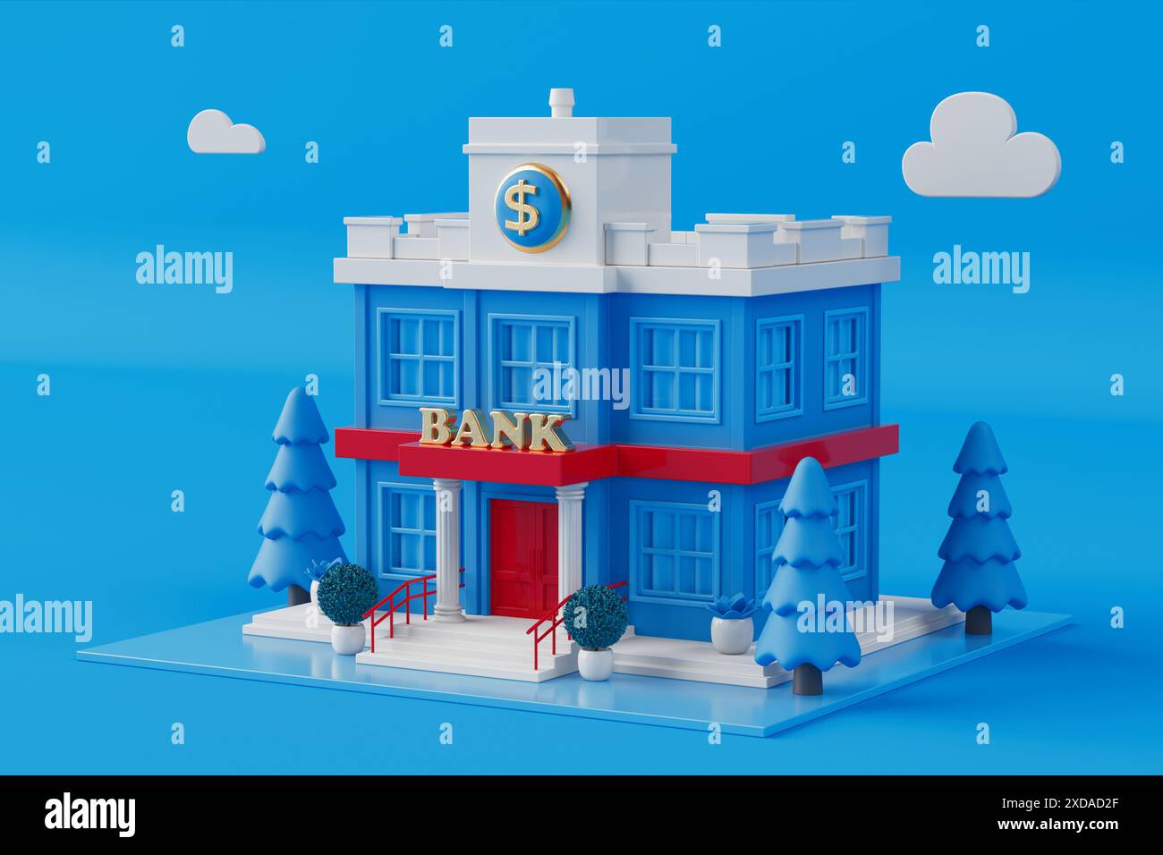 Abstract Scene with Cartoon Bank Office Building on a blue background ...