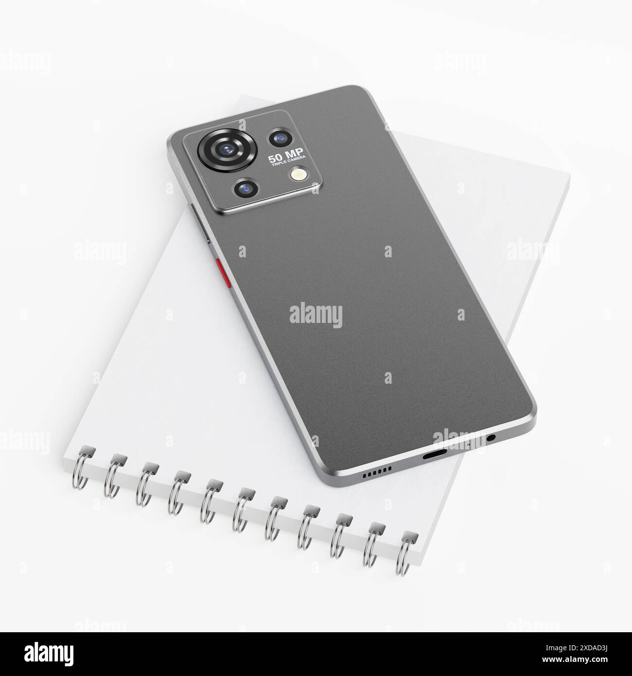Mobile Phone with Triple Cameras over Blank Notepad on a white ...