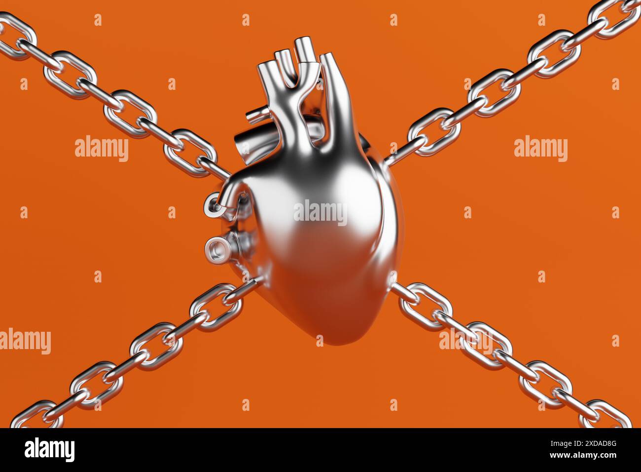 Metal Chrome Human Heart Suspended on Chains on an orange background ...