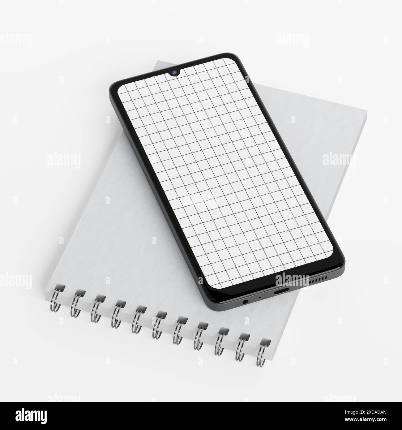 Mobile Phone with Checkered Sheet Screen over Blank Notepad on a white ...