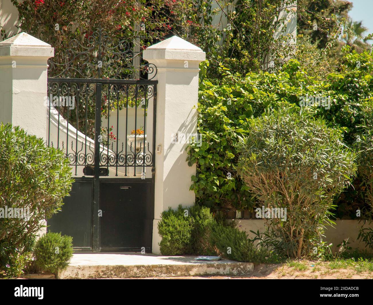 Entrance gate to a garden surrounded by green trees and bushes ...