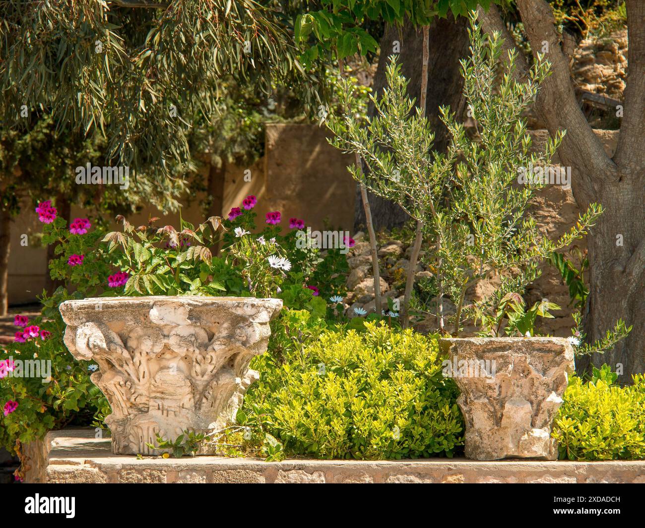 Stone flower pots and sculptures with green bushes and colourful ...