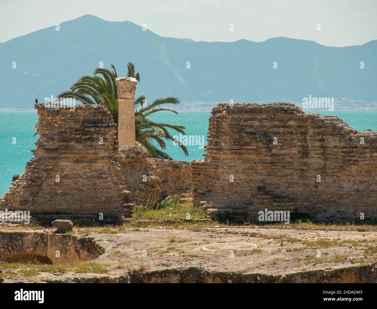 Ancient ruins with a view of the sea and mountain range, palm tree in ...