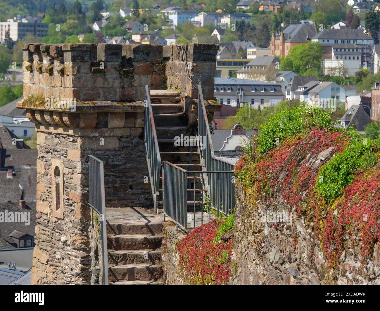 Old castle tower with stone staircase and view of the city and green ...