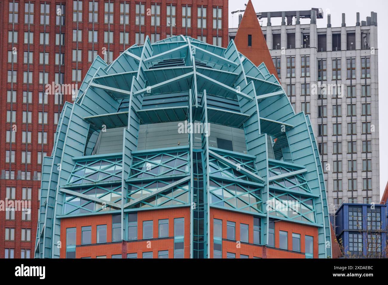 Detailed view of a modern building with a striking architectural design ...