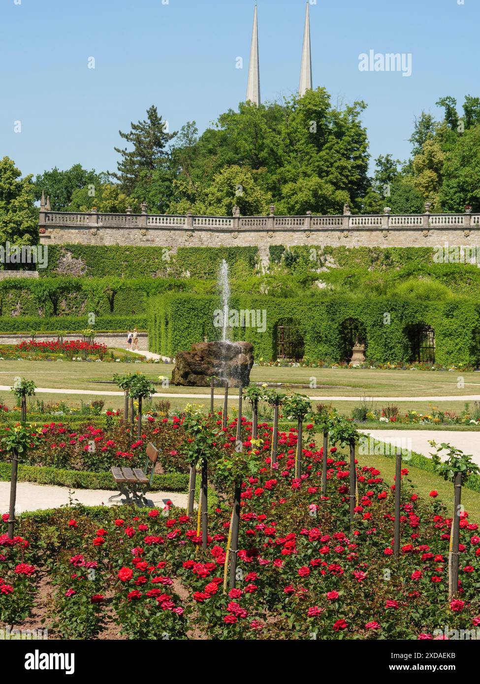 A garden with a fountain and flowering rose beds in front of a historic ...