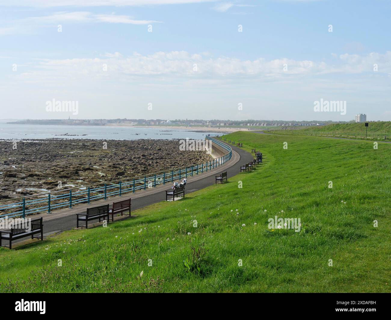 A long coastal path with benches and green grass along the sea. A ...