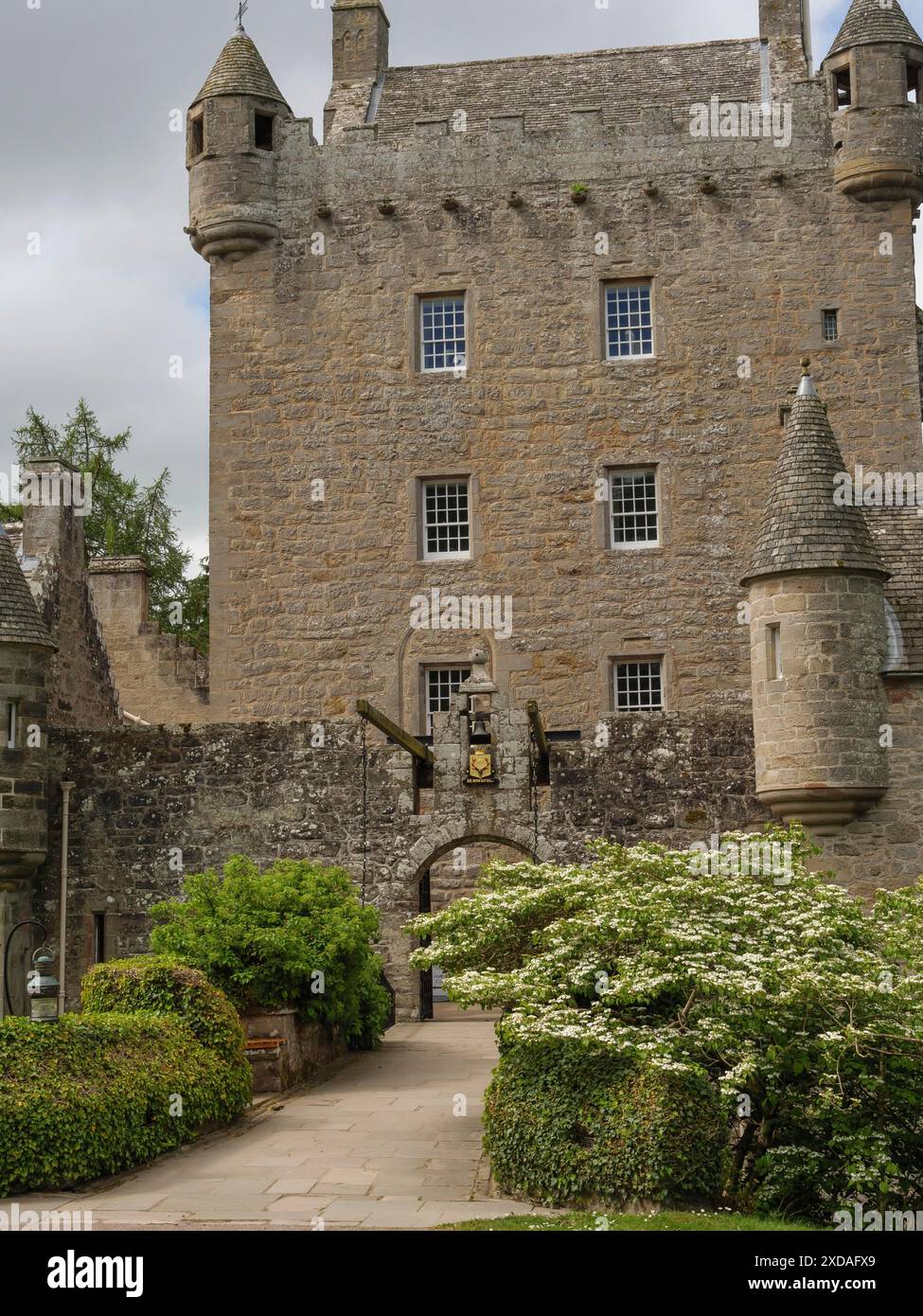 A medieval stone castle with towers surrounded by green plants ...