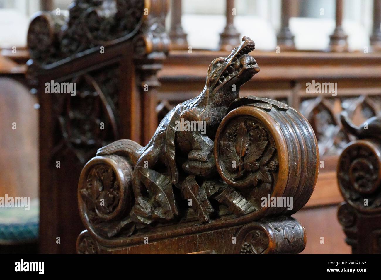 Interior view, dragon, choir stalls, Exeter Cathedral, Exeter, England ...