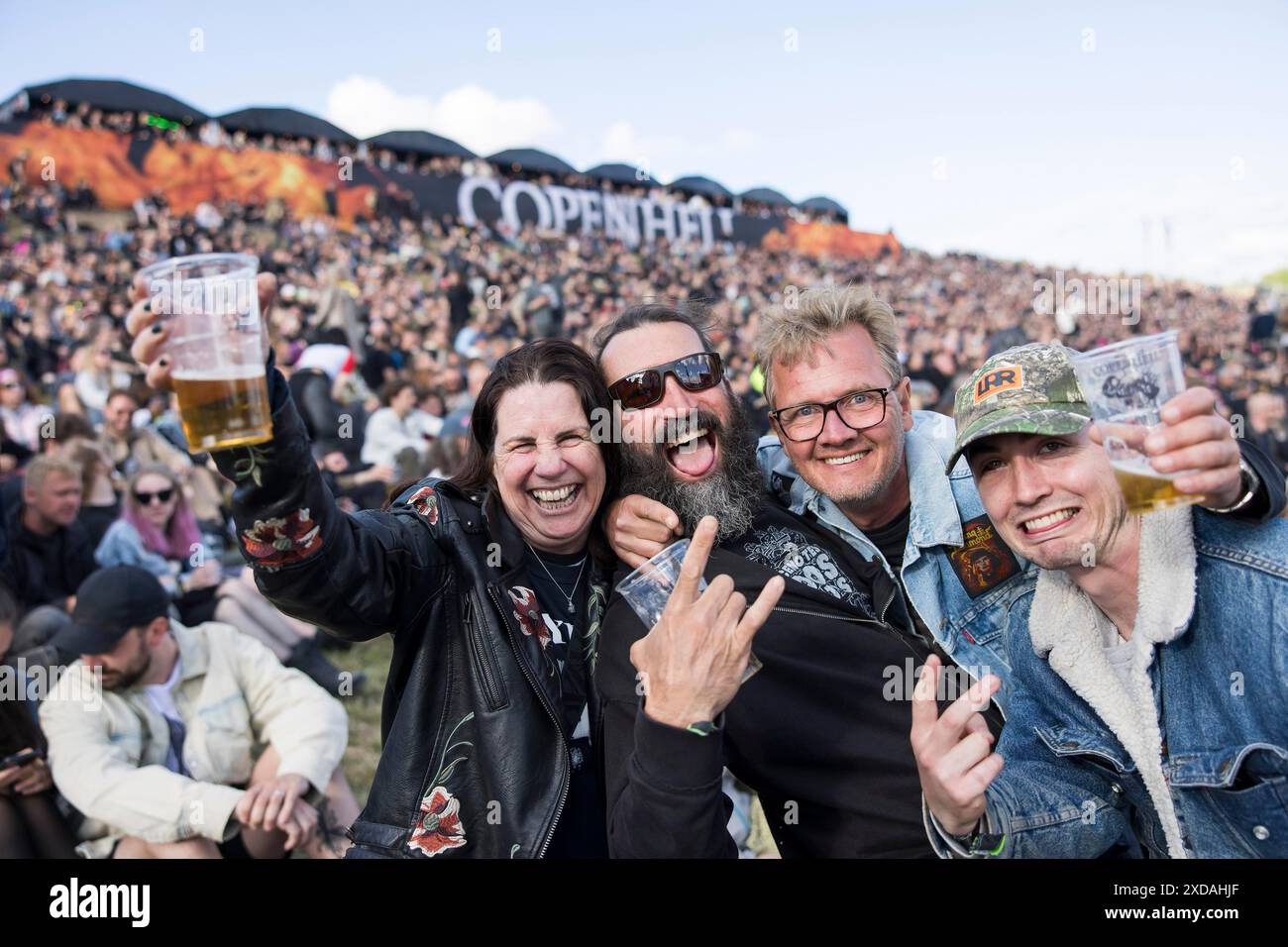 Festivalgoers with beer at the Copenhell Metal Festival at Kloverparken ...