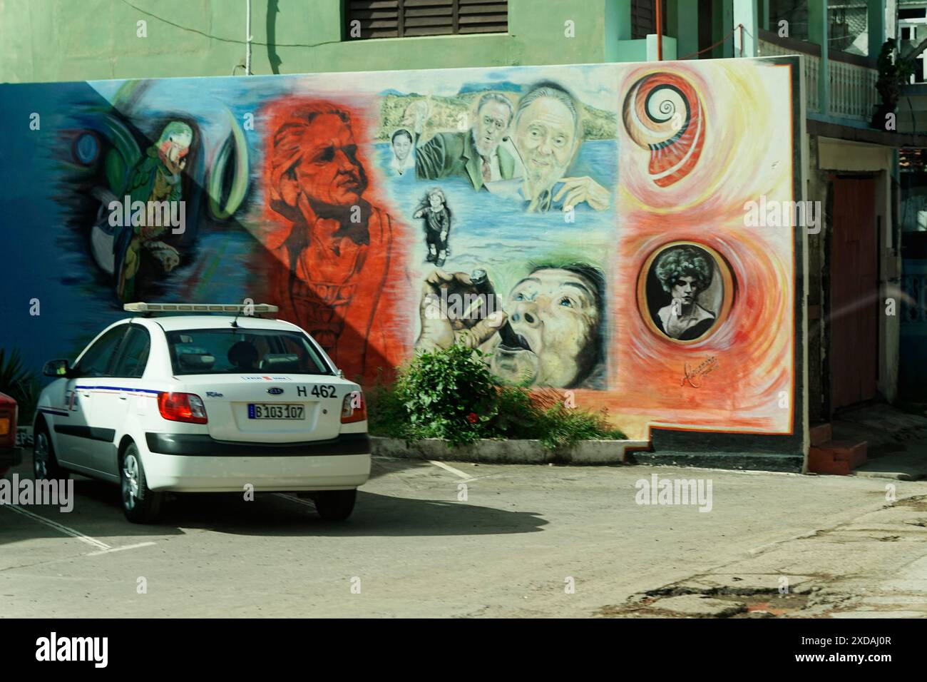 Cuba, Cuba, Central America, White police car in a car park in front of ...