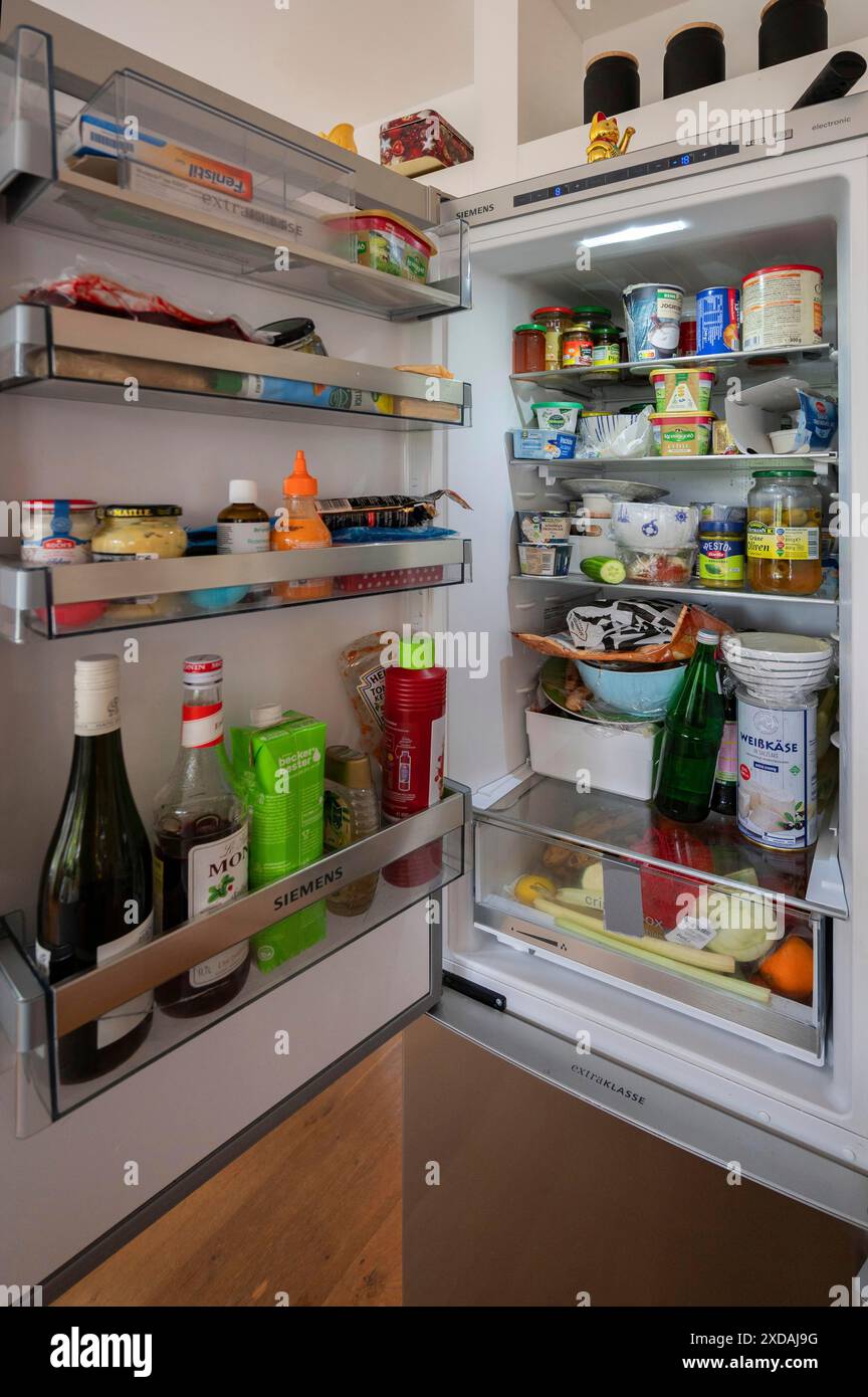 Filled fridge of a family of 4, North Rhine-Westphalia, Germany Stock ...