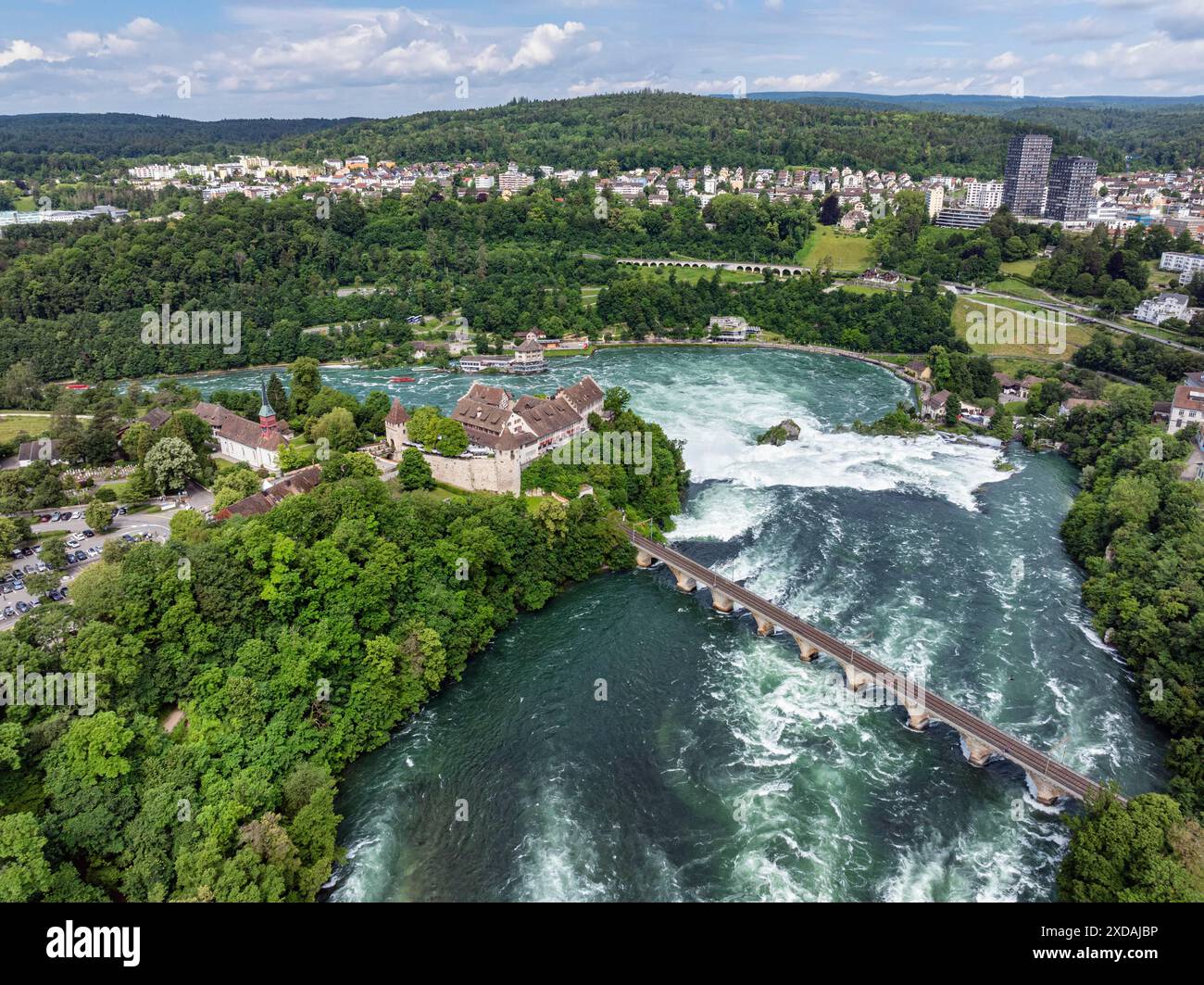 Aerial view of the Rhine Falls with railway viaduct and Laufen Castle ...
