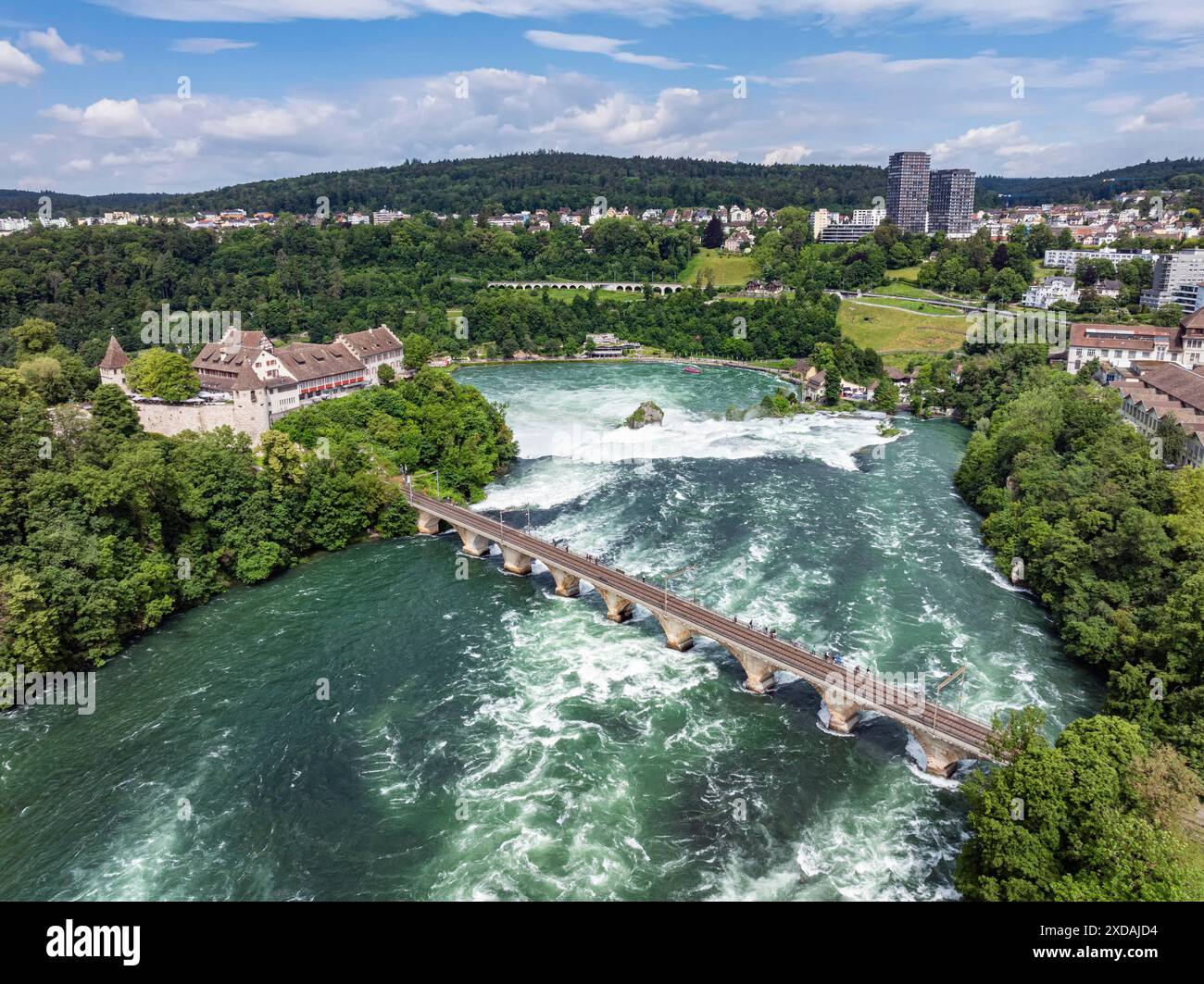 Aerial view of the Rhine Falls with railway viaduct and Laufen Castle ...