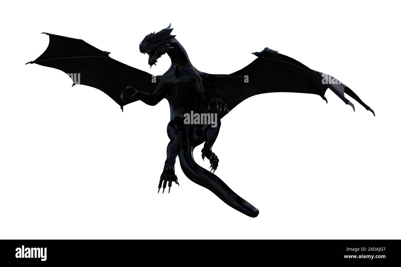 3d illustration of a dragon with black skin and wide spread wings with ...