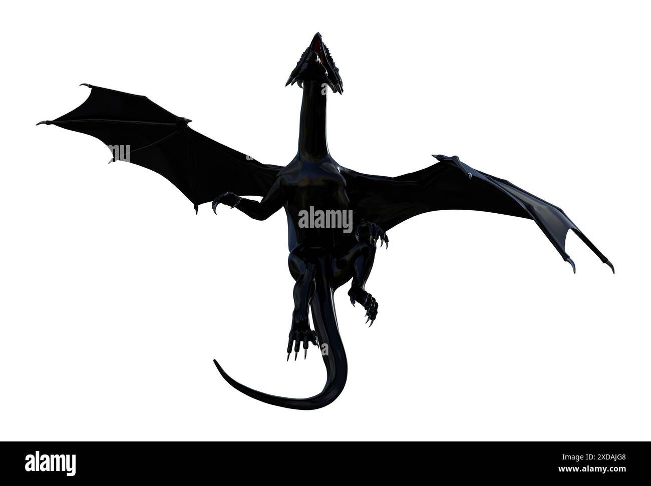 3d illustration of a dragon flying upward with black skin and wide ...