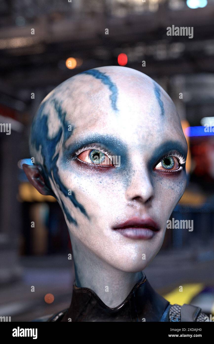 3d illustration of a blue and white skin bald alien with blue eyes ...