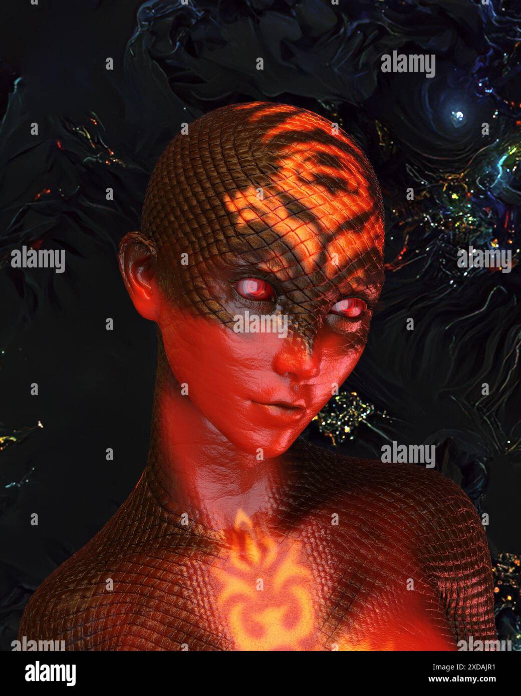 3d illustration of a female being with lizard skin head and shoulders ...