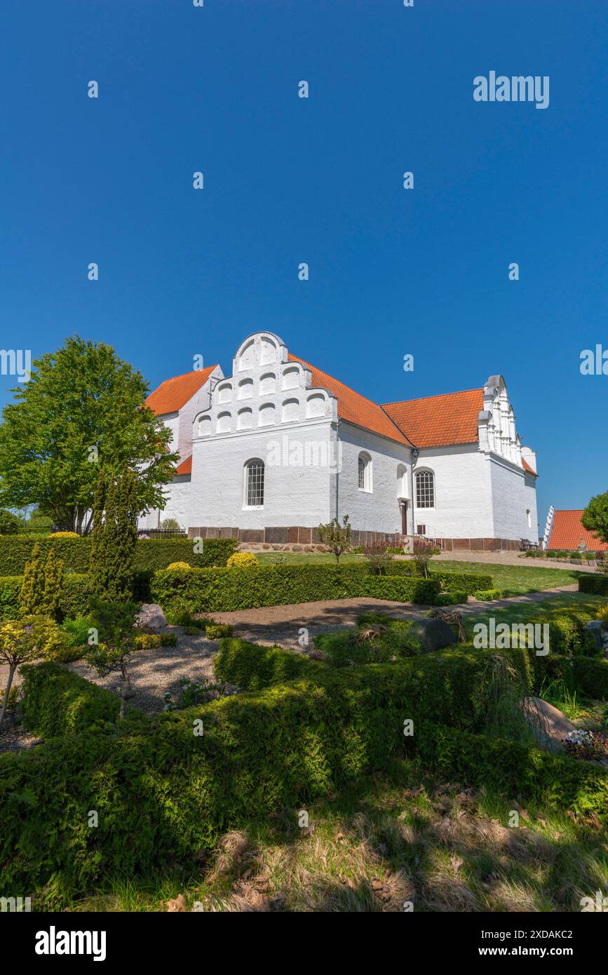 Typical Danish church with Renaissance gable in Hesselager, whitewashed ...