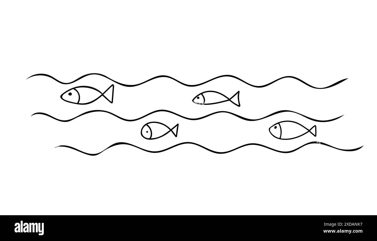 Fishes swimming in sea waves. Hand drawn simple line art. Marine vector ...