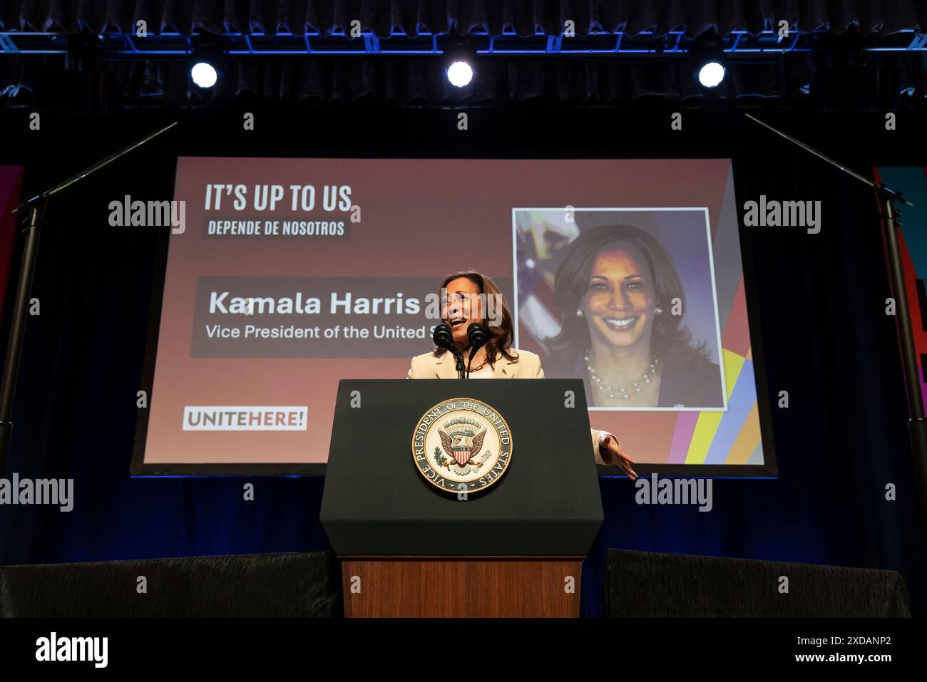 Vice President Kamala Harris speaks during the Unite Here Convention on ...