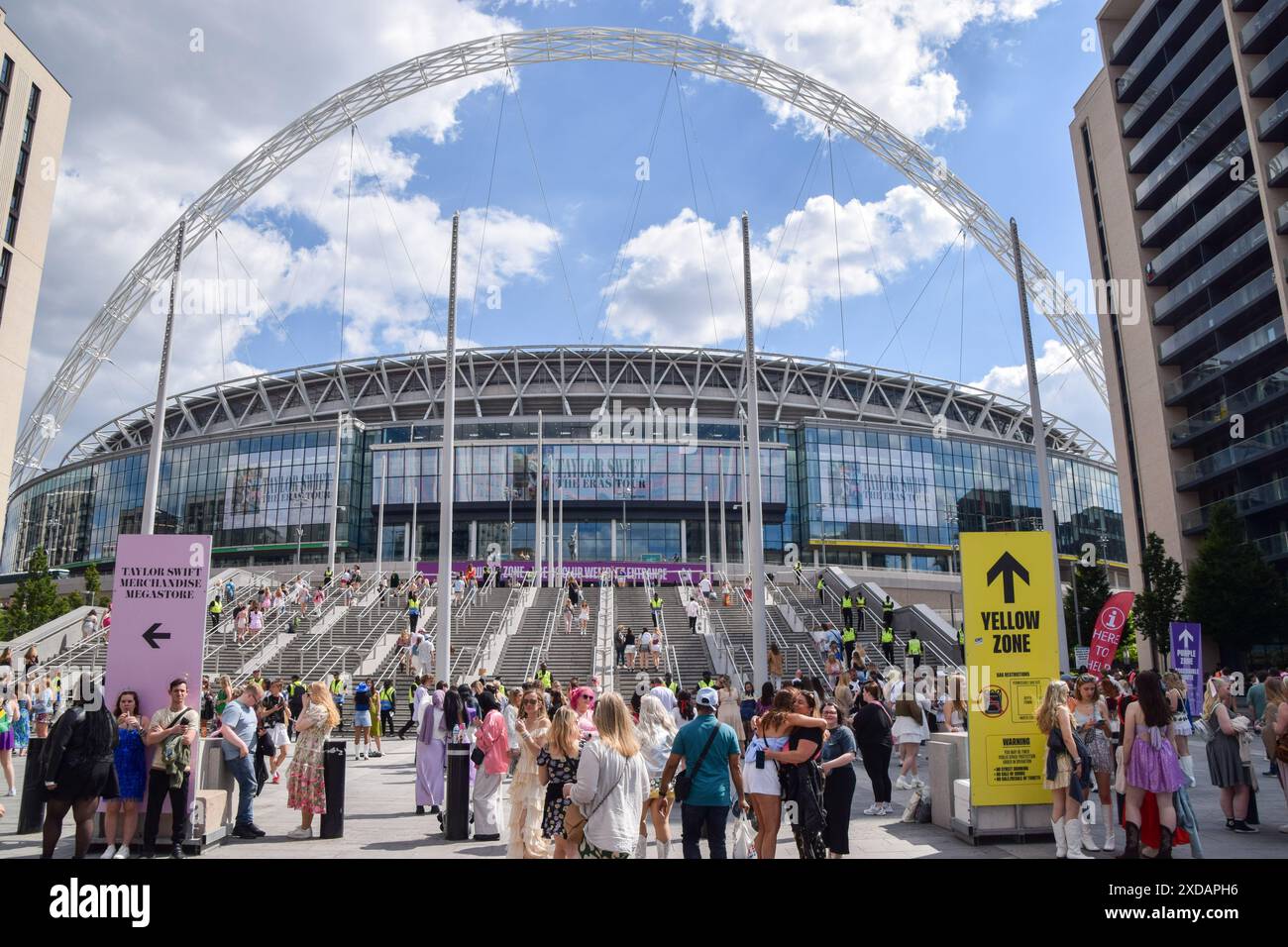 London, UK. 21st June 2024. Swifties arrive at Wembley Stadium as ...