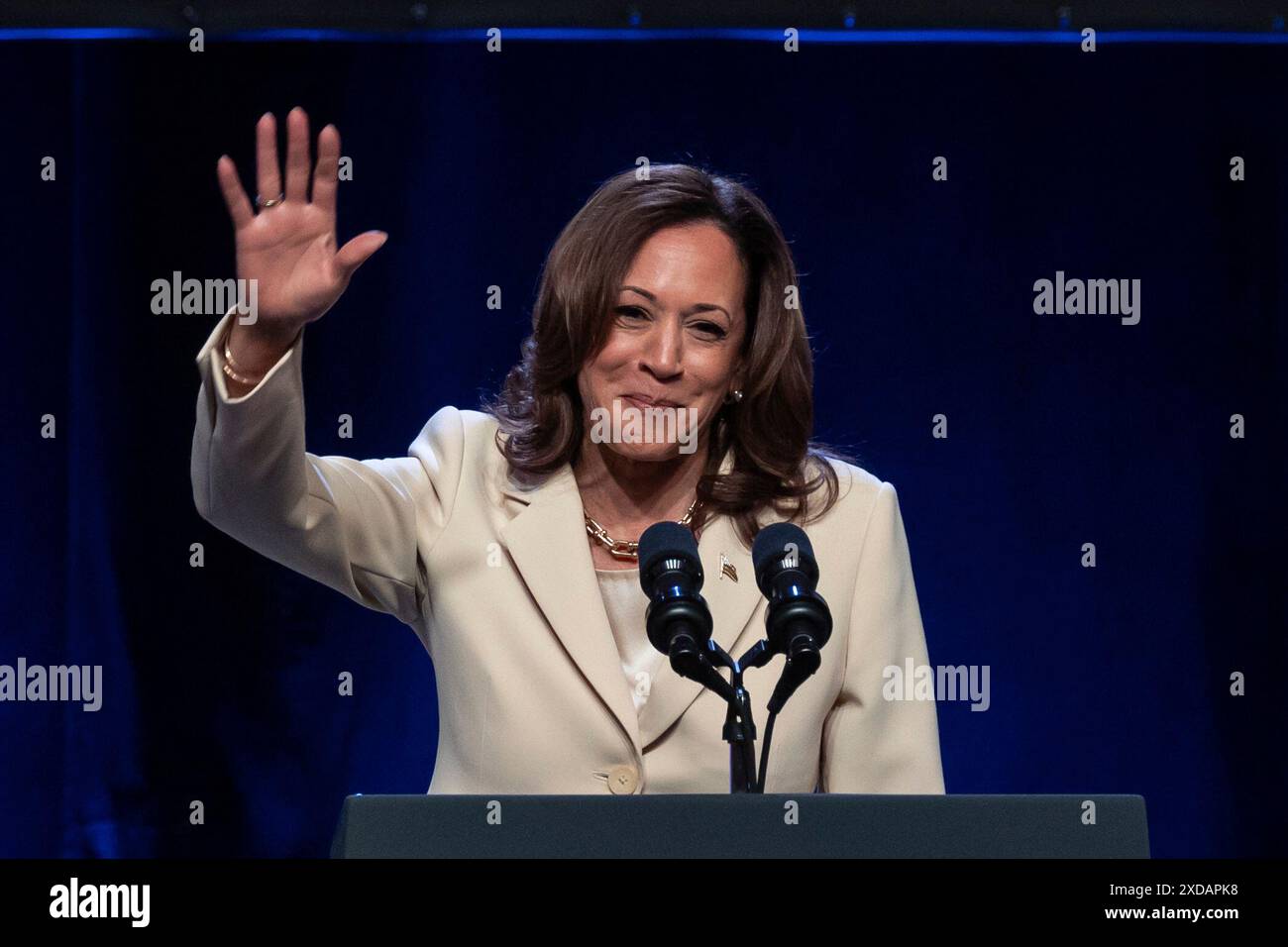 Vice President Kamala Harris leaves the Unite Here Convention on Friday ...