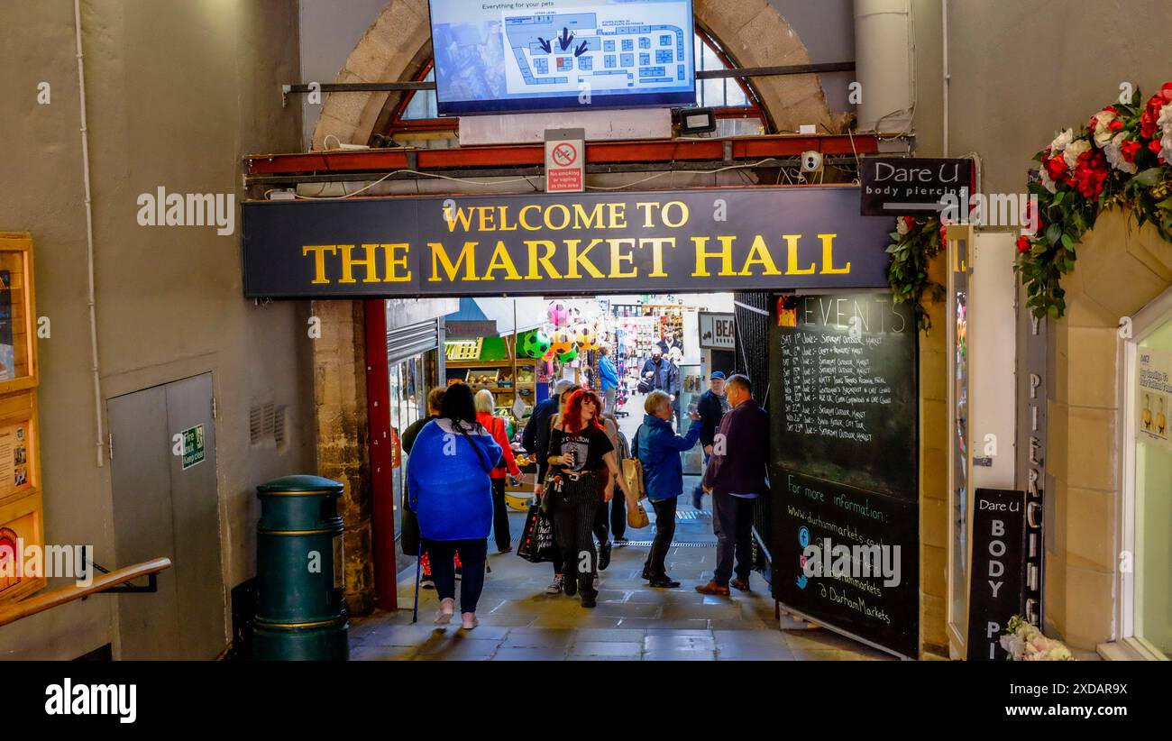 Entrance and sign for the Market Hall in Durham,England, UK Stock Photo ...