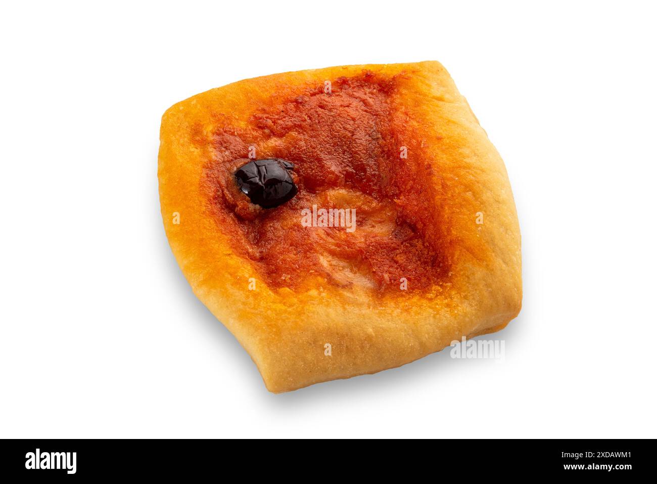 Small pizza with tomato sauce and black olive, isolated square single ...