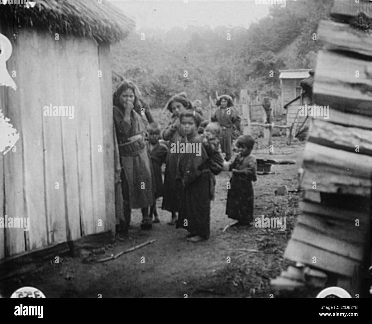 Group of Ainu children standing in a passageway between huts. Genthe ...