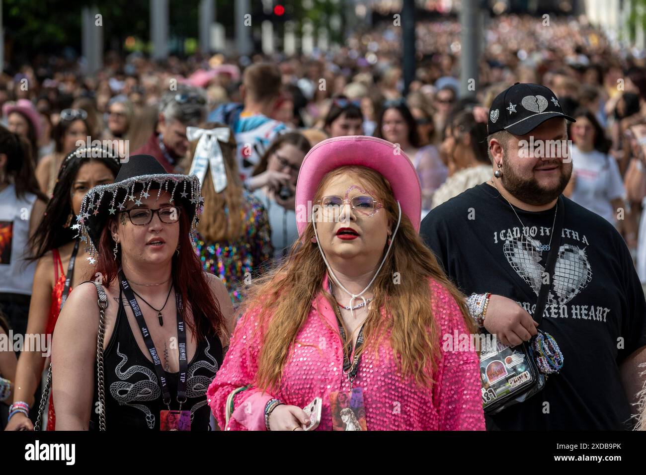 London, UK. 21 June 2024. Taylor Swift fans ('Swifties') on Olympic Way ...