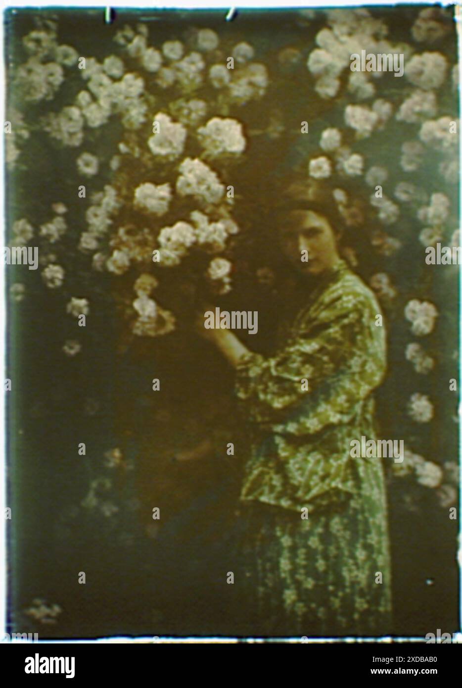 Woman wearing a green and white floral print dress standing outdoors by ...