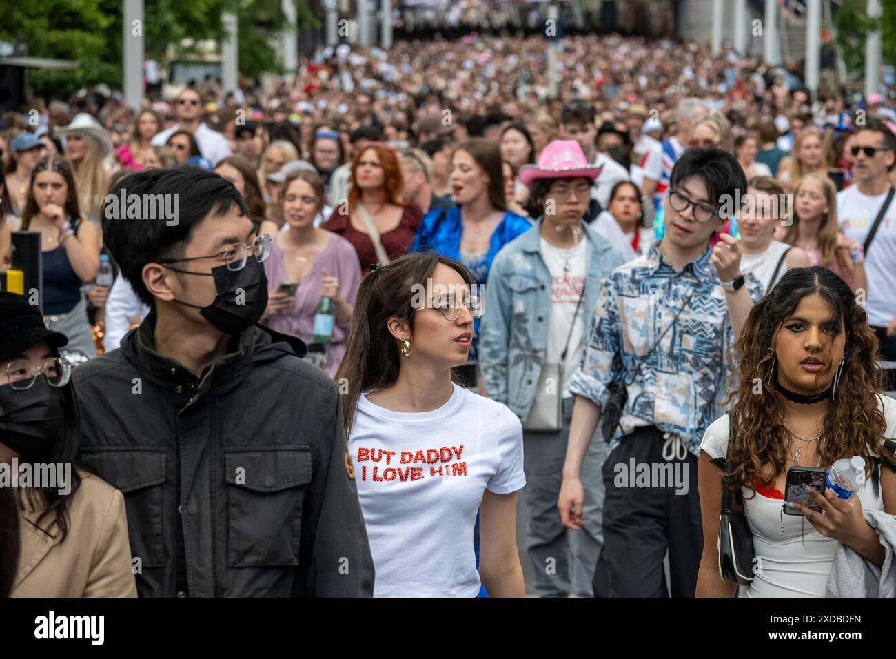 London, UK. 21 June 2024. Taylor Swift fans ('Swifties') on Olympic Way ...