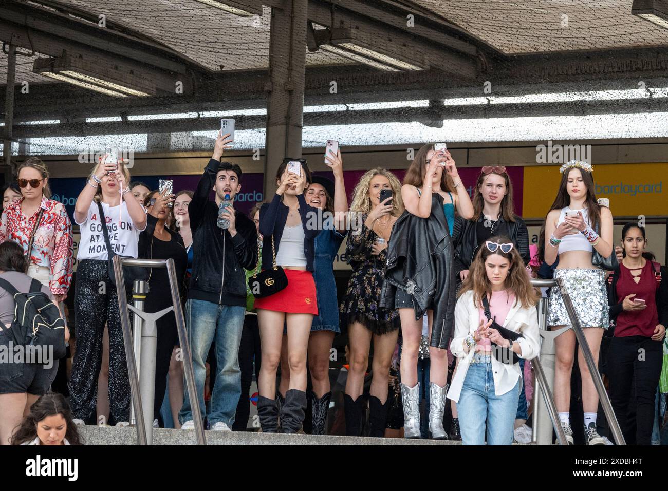 London, UK. 21 June 2024. Taylor Swift fans ('Swifties') at Wembley ...