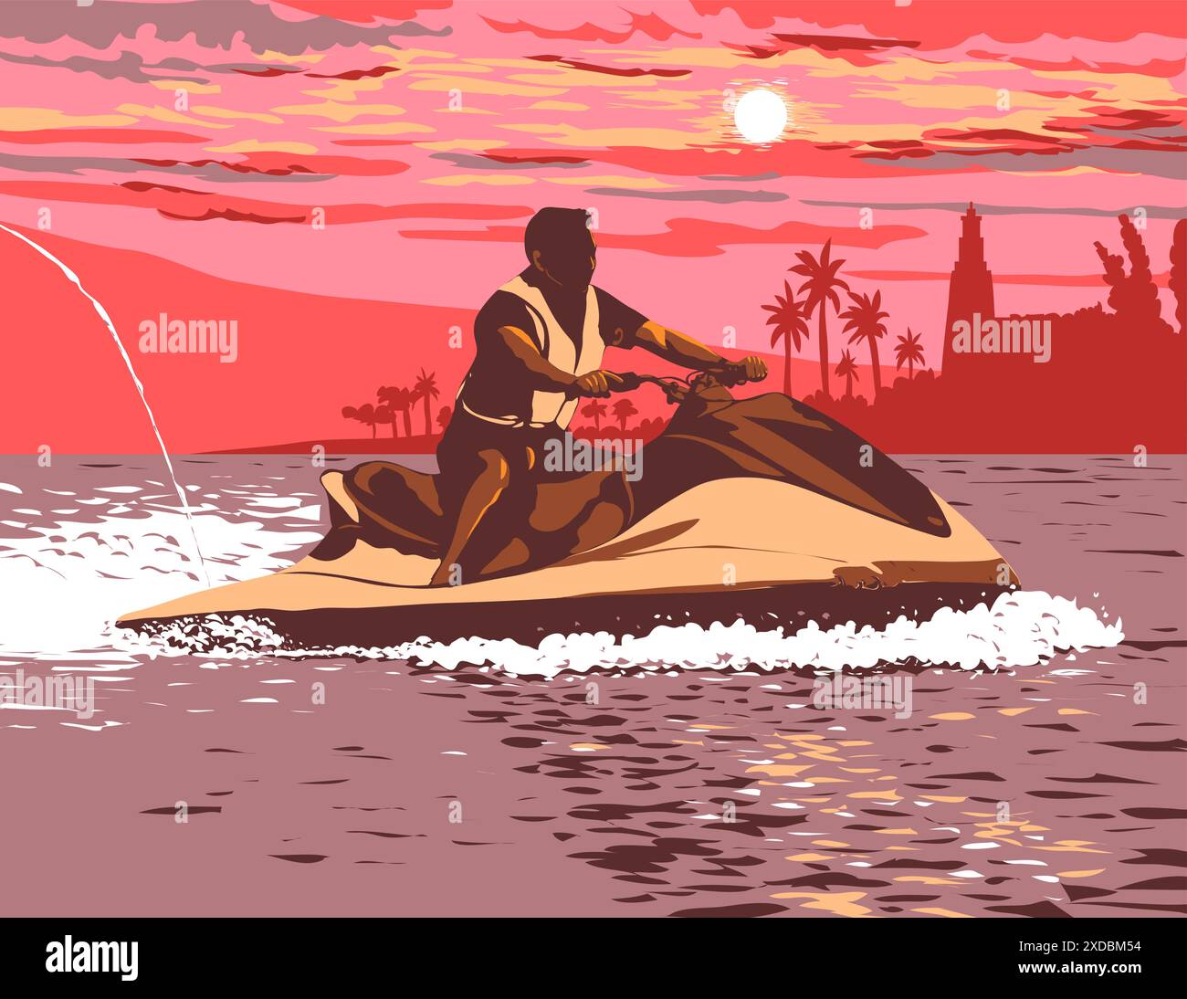 WPA poster art of male tourist riding jet ski along the northern coast ...