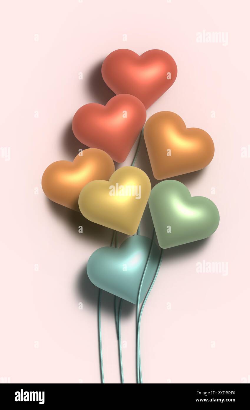 Multi-colored inflated hearts on a string, beige background. 3D ...