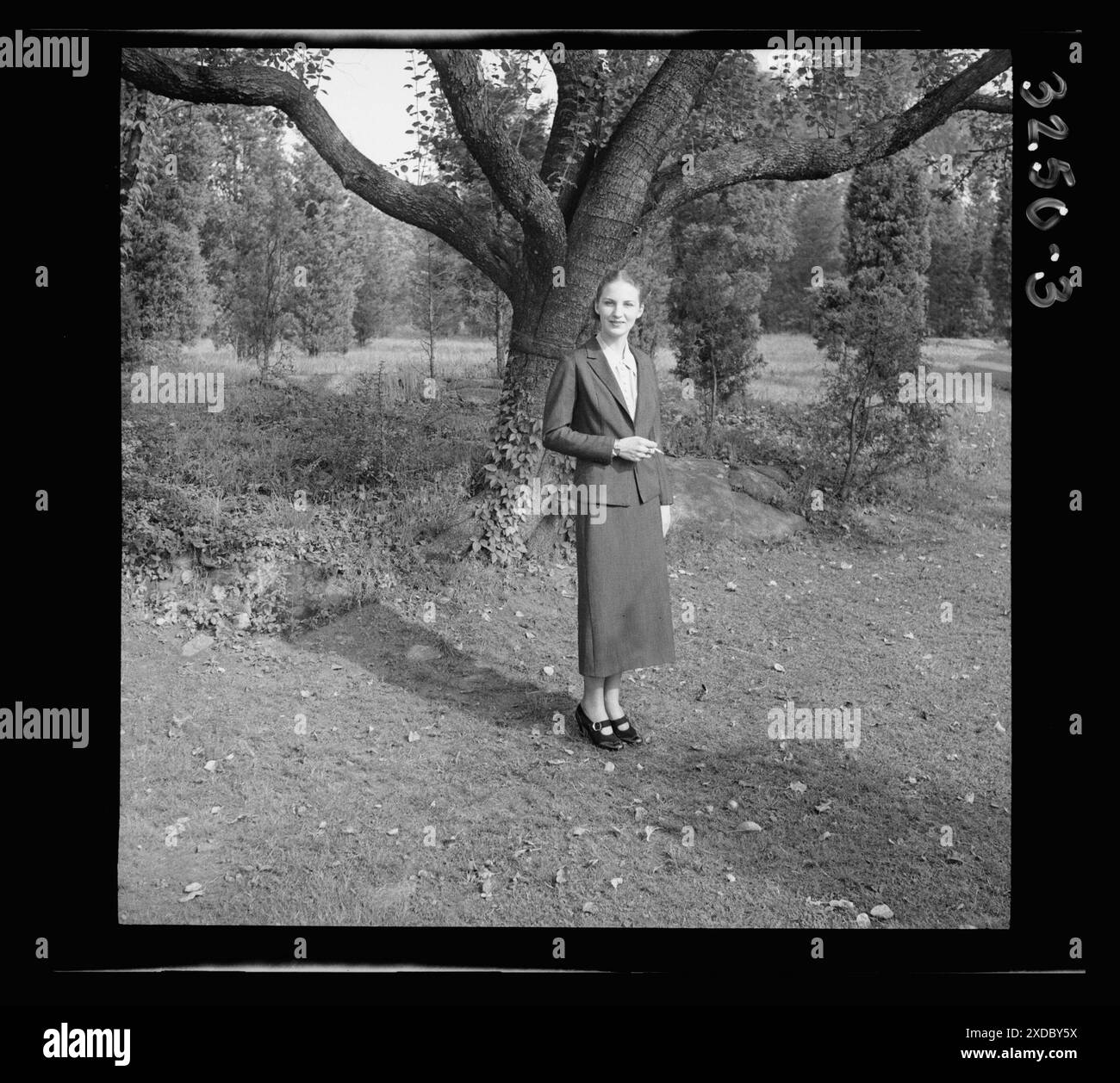Ruth, standing outdoors by a tree. Genthe photograph collection Stock ...