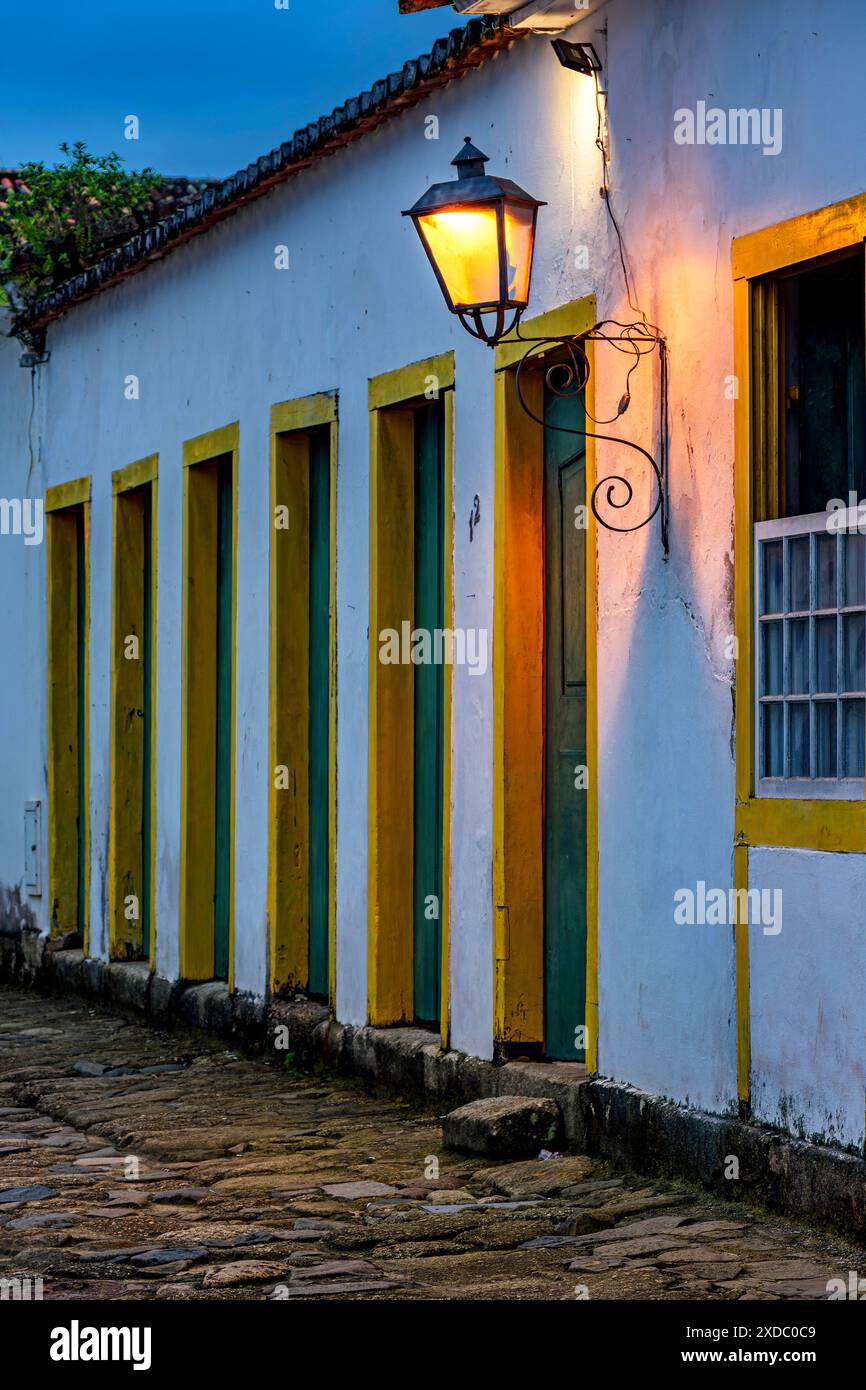 Dusk in the historic city of Paraty with colonial houses and facades ...