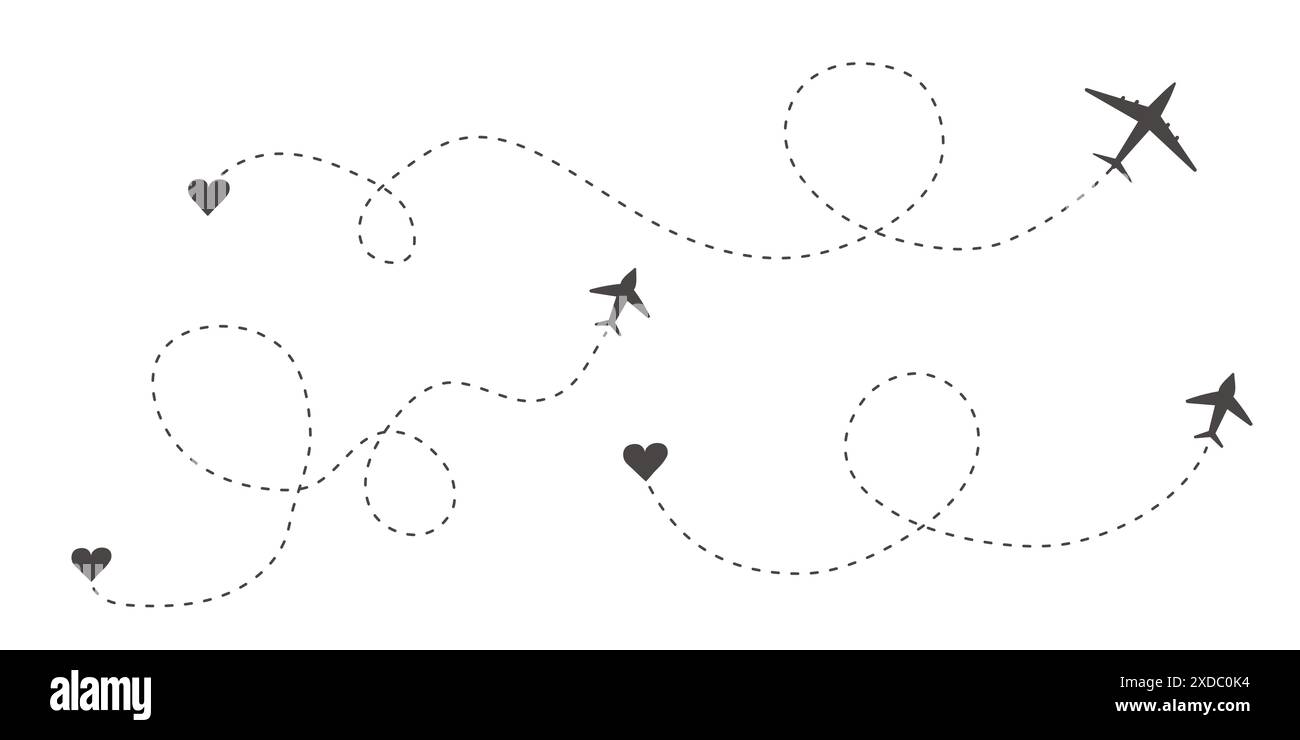 Itinerary dashed trace, line airplane flight, dotted path, aircraft ...