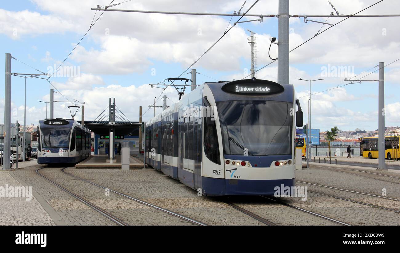 Trams of the MTS, Metro Transportes do Sul, at the Terminus at Cacilhas ...