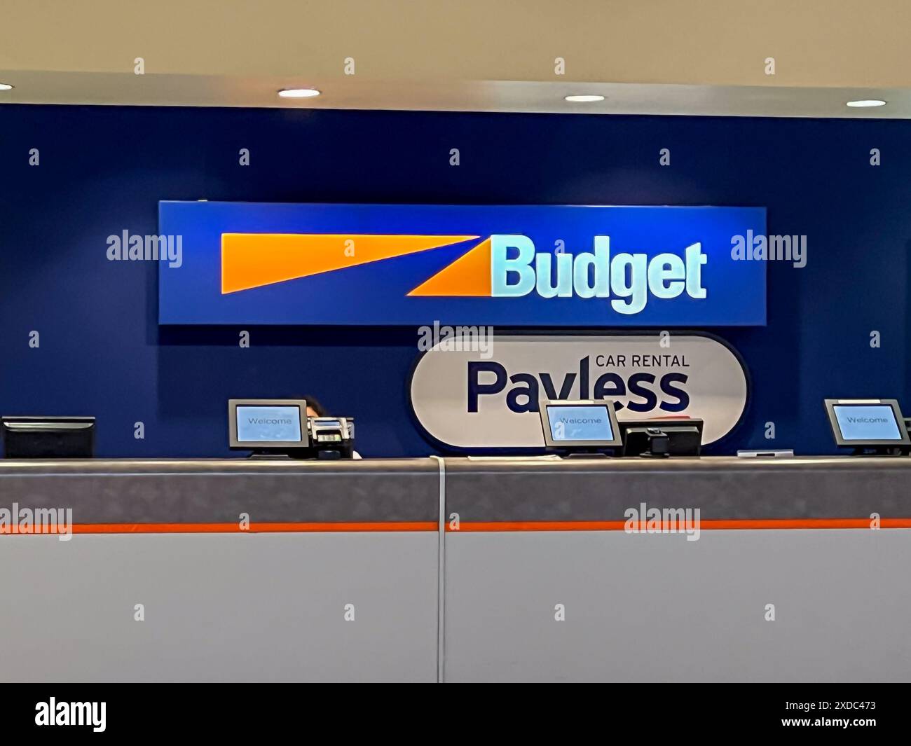 Houston, Texas, USA - April 1, 2024: Budget car rental counter at an ...