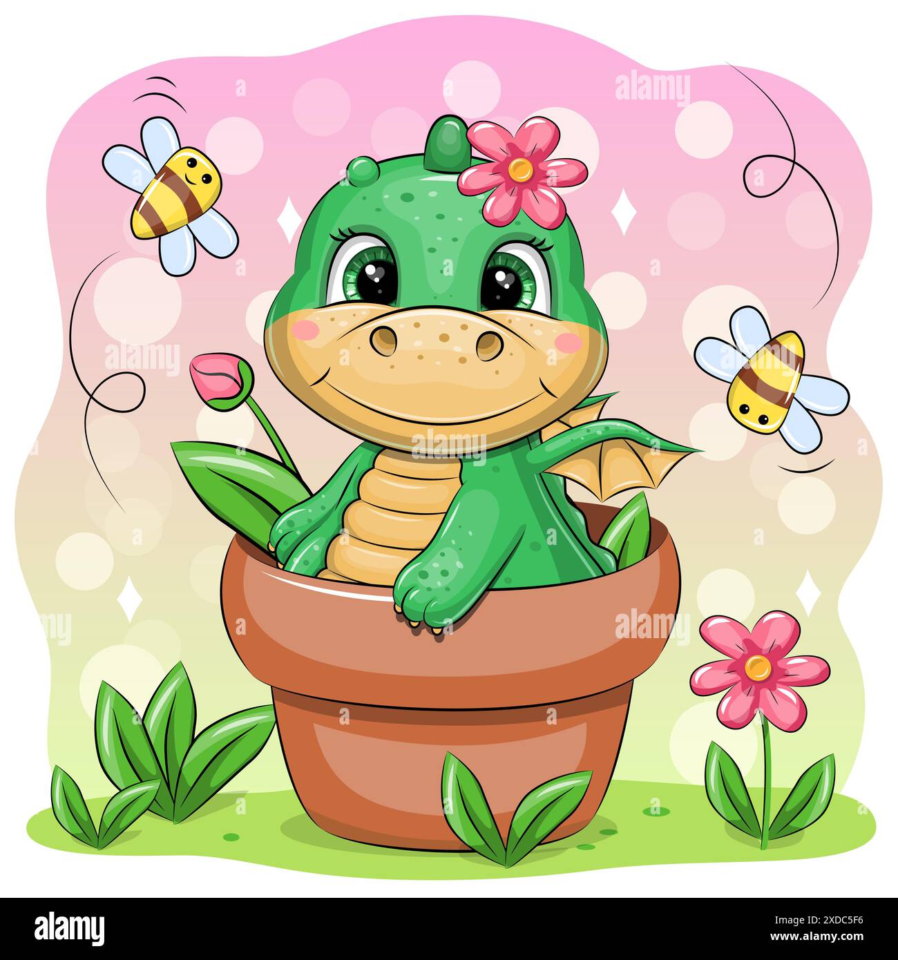 Cute cartoon green dragon in a flower pot with flowers and bees. Vector ...