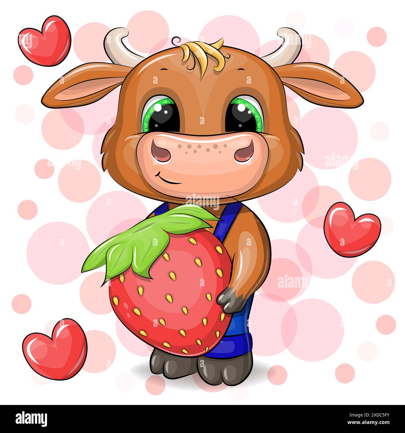 Cute cartoon bull with red strawberry. Vector illustration of animal on ...