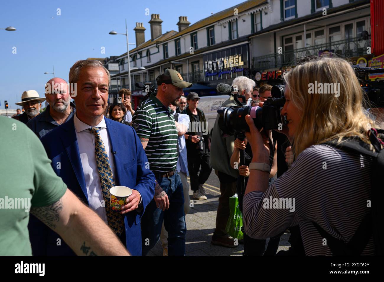 Clacton-on-Sea, UK, 21st June 2024: Reform UK leader Nigel Farage is ...