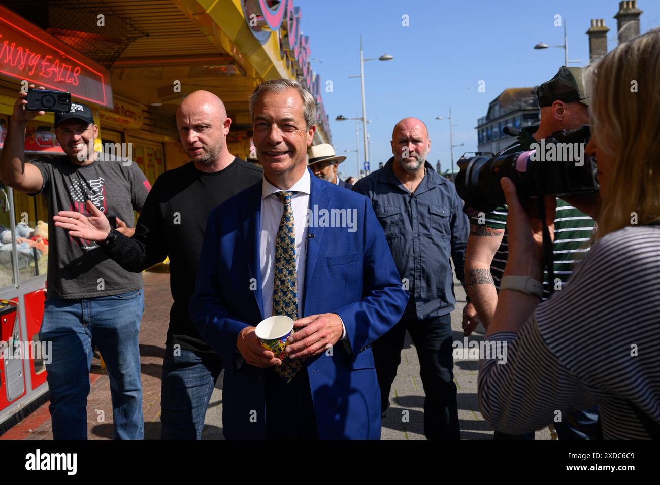 Clacton-on-Sea, UK, 21st June 2024: Reform UK leader Nigel Farage is ...