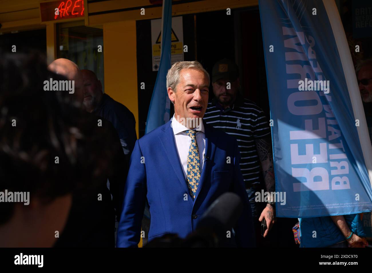 Clacton-on-Sea, UK, 21st June 2024: Reform UK leader Nigel Farage is ...