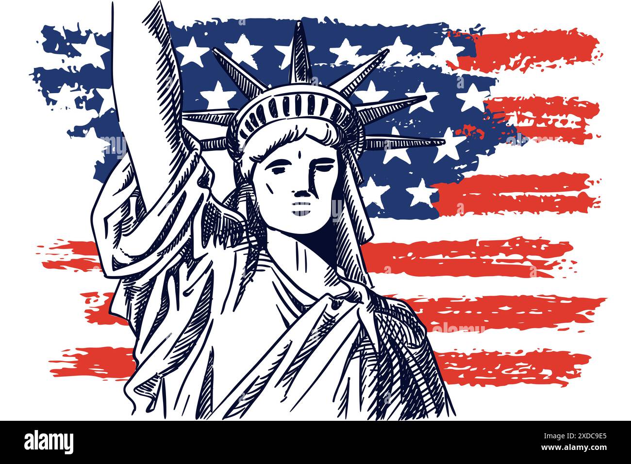 Statue of Liberty on American watercolor flag background. Vector hand ...