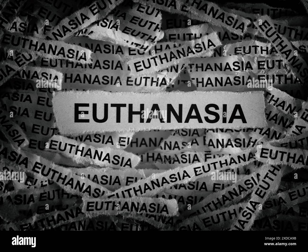 Strips of newspaper with the words Euthanasia typed on them. Black and ...